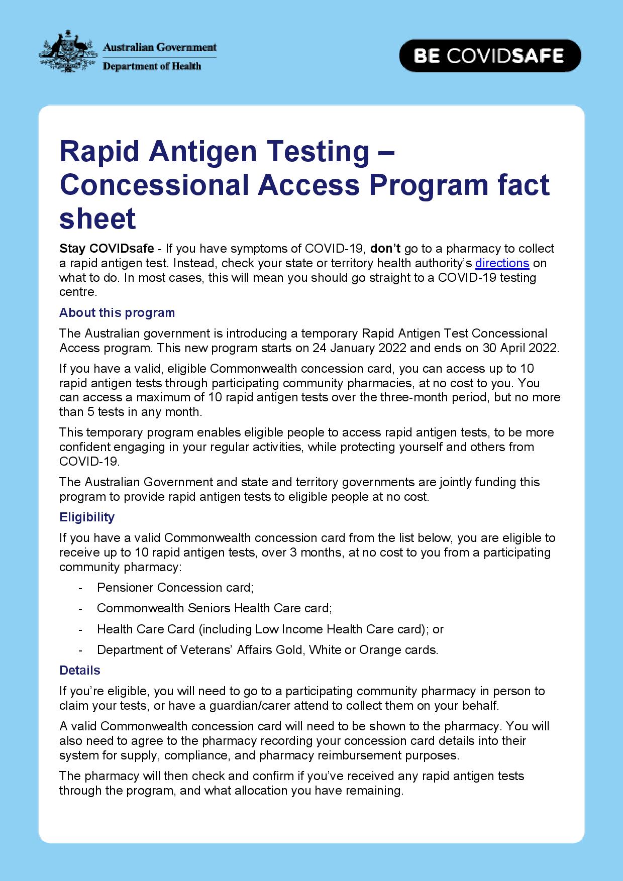Free rapid antigen (RAT) tests for eligible concession card holders ...